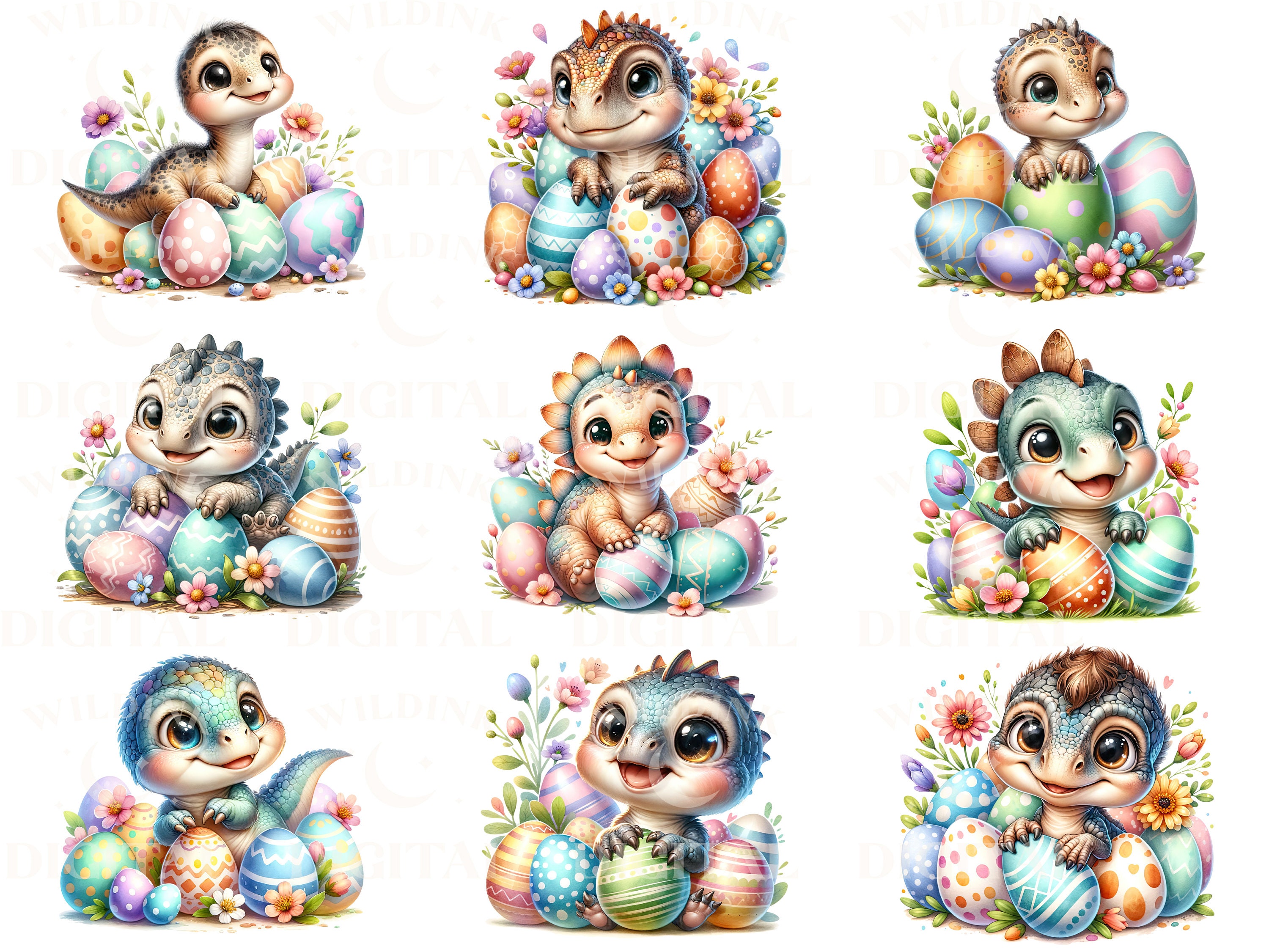 Watercolor Easter Dinosaurs Clipart Bundle: Nursery Spring PNG JPEG ...