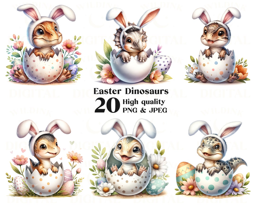 Easter Dinosaurs With Bunny Ears Clipart Bundle 20 High Quality PNG ...
