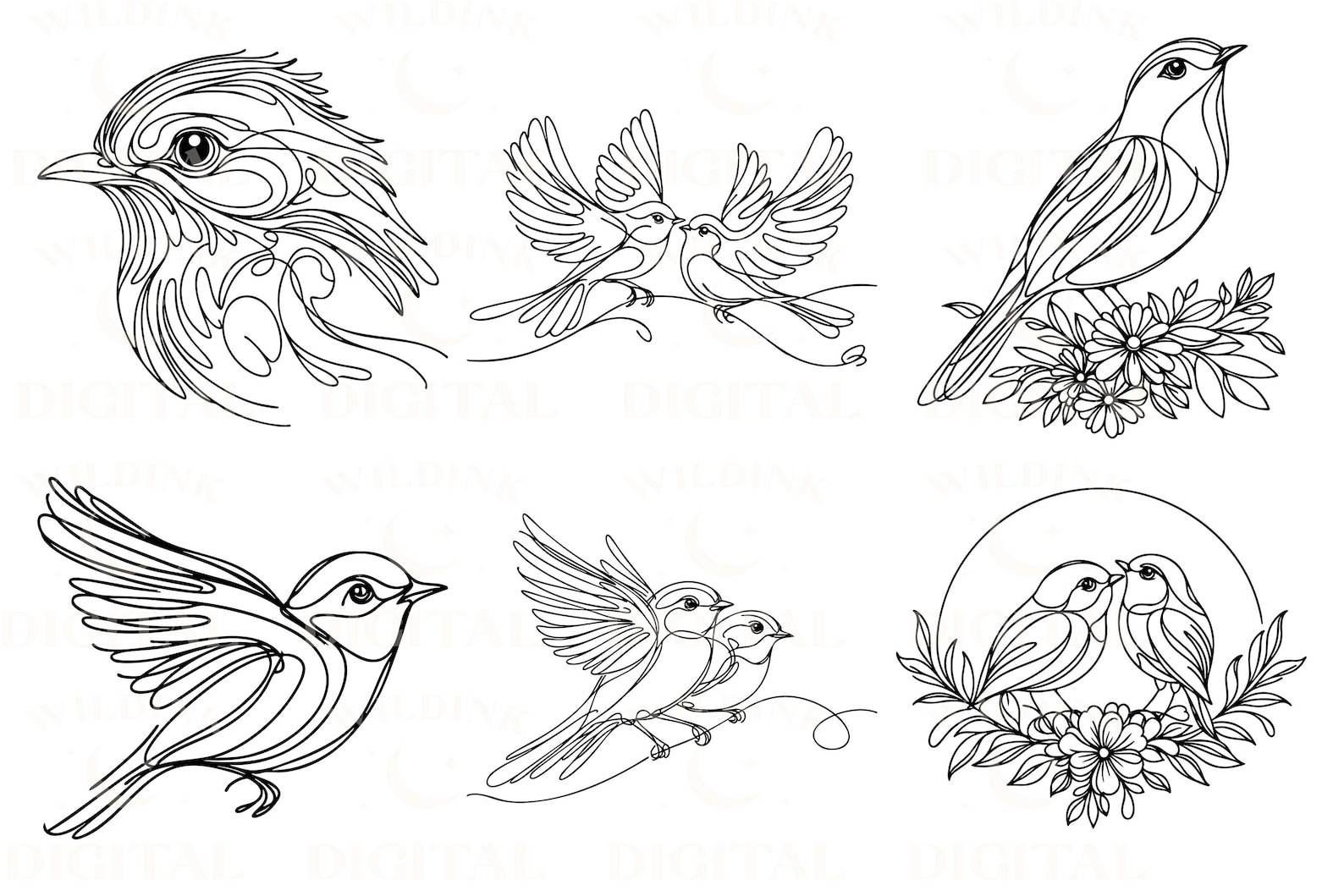 Blue Bird Line Art SVG Bundle: 50 Bird Clipart Designs (digital ...