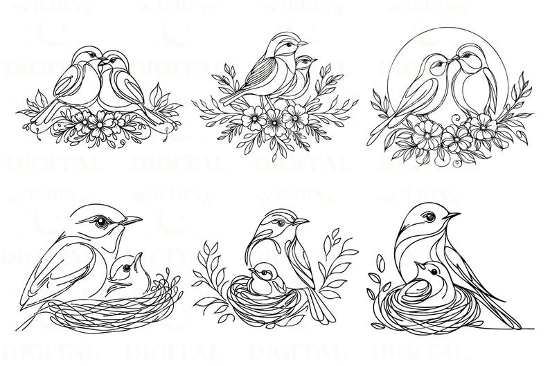 Blue Bird Line Art SVG Bundle: 50 Bird Clipart Designs (digital ...