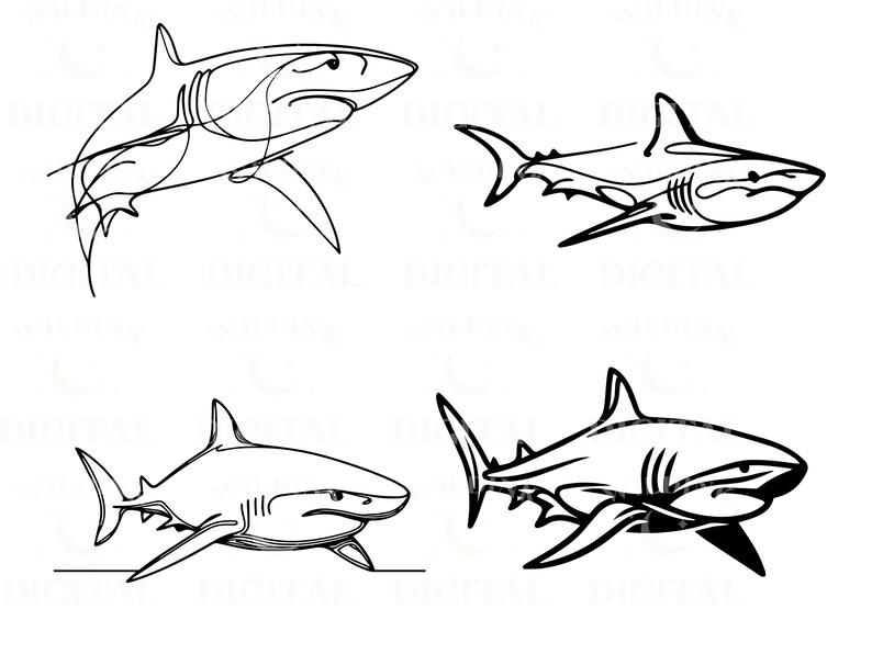 Shark Line Art SVG Clipart: Minimalist Tattoo Design (digital Download ...