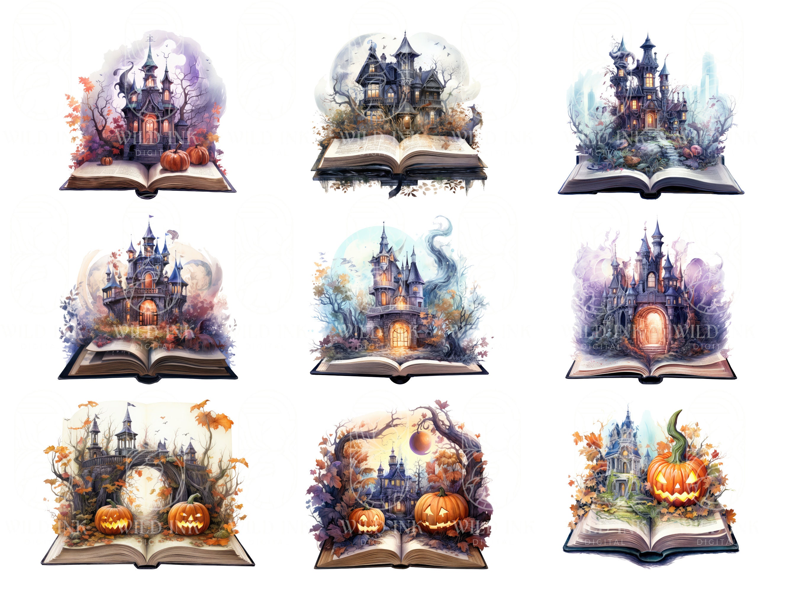 Watercolor Haunted Books Clipart: Halloween Fantasy Scenes (digital ...