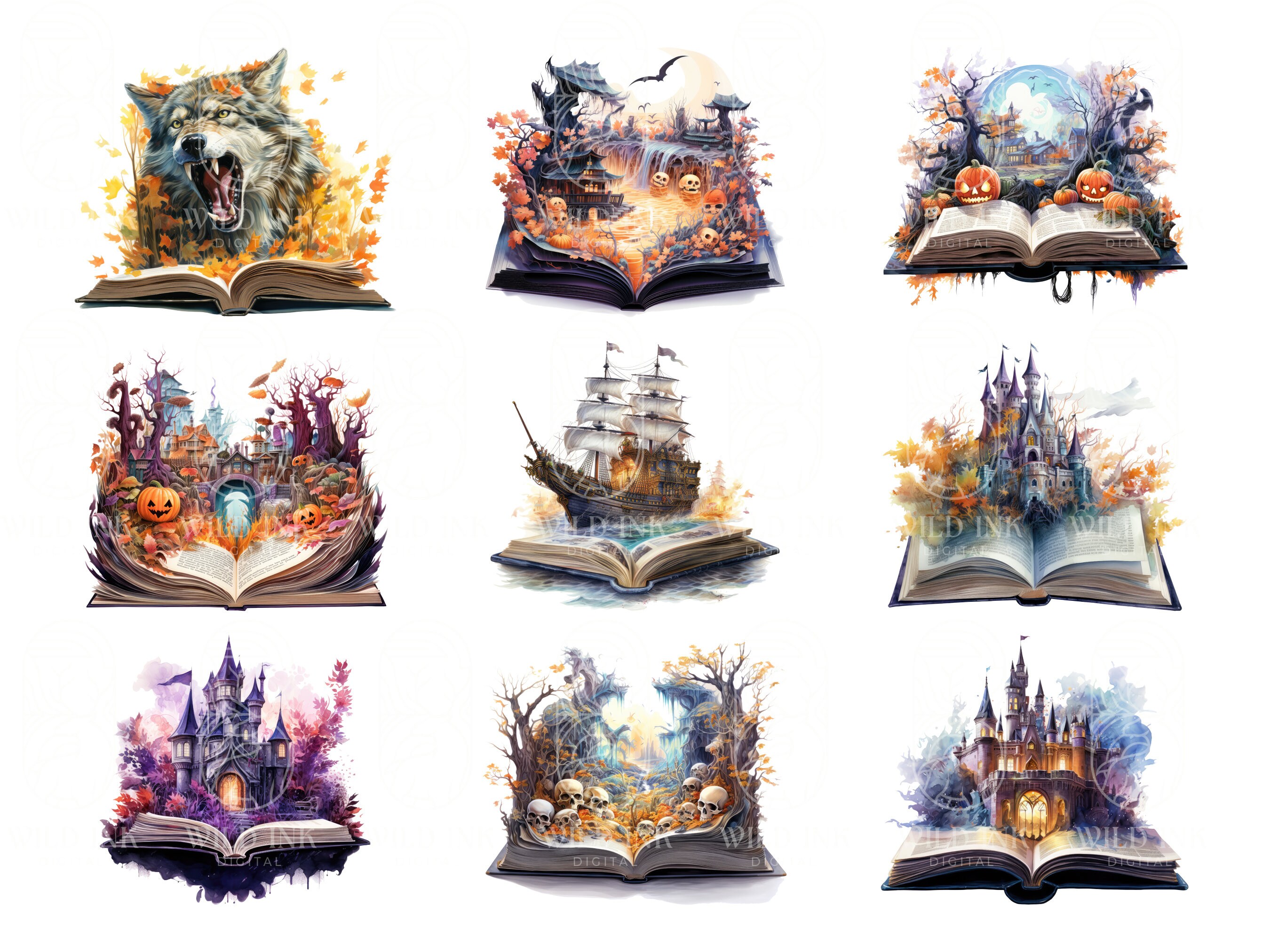 Watercolor Haunted Books Clipart: Halloween Fantasy Scenes (digital ...