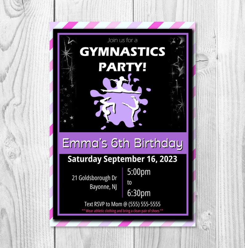 Gymnastics Printable Birthday Invitation, Girl Gymnast Birthday ...