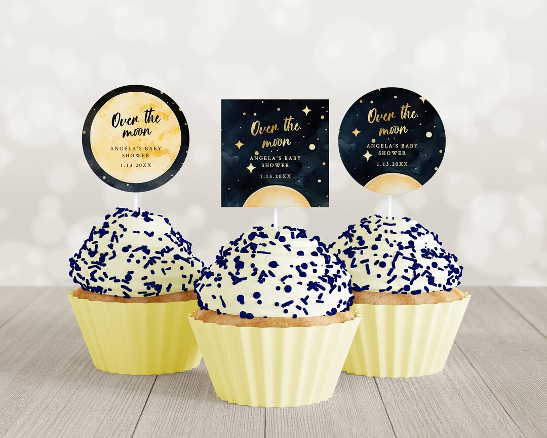 Over the Moon Cupcake Topper, Moon and Stars Night Sky Baby Shower ...