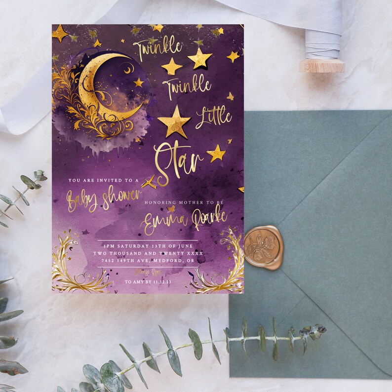 Baby Shower Invitation Purple Twinkle Little Star Editable - Etsy