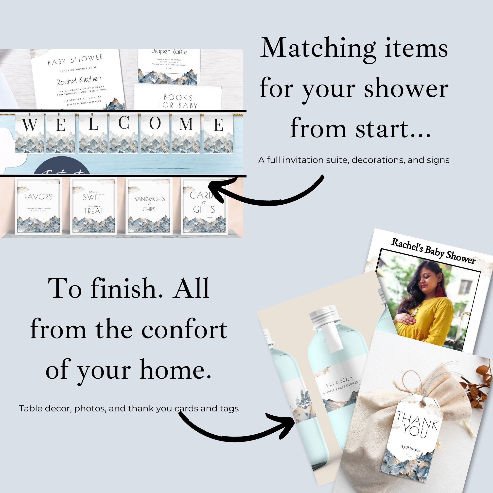 Mountains Baby Shower Printable Bundle Editable Rustic Mountain Baby ...