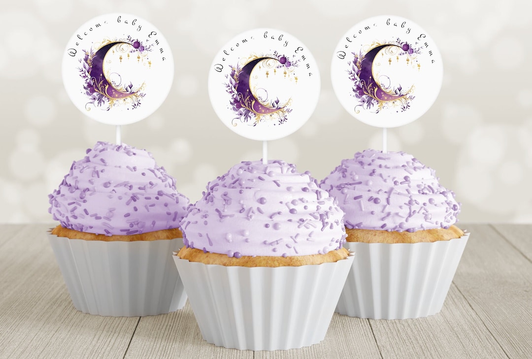 Purple Moon Cupcake Topper Over the Moon Baby Shower Decorations Gold ...