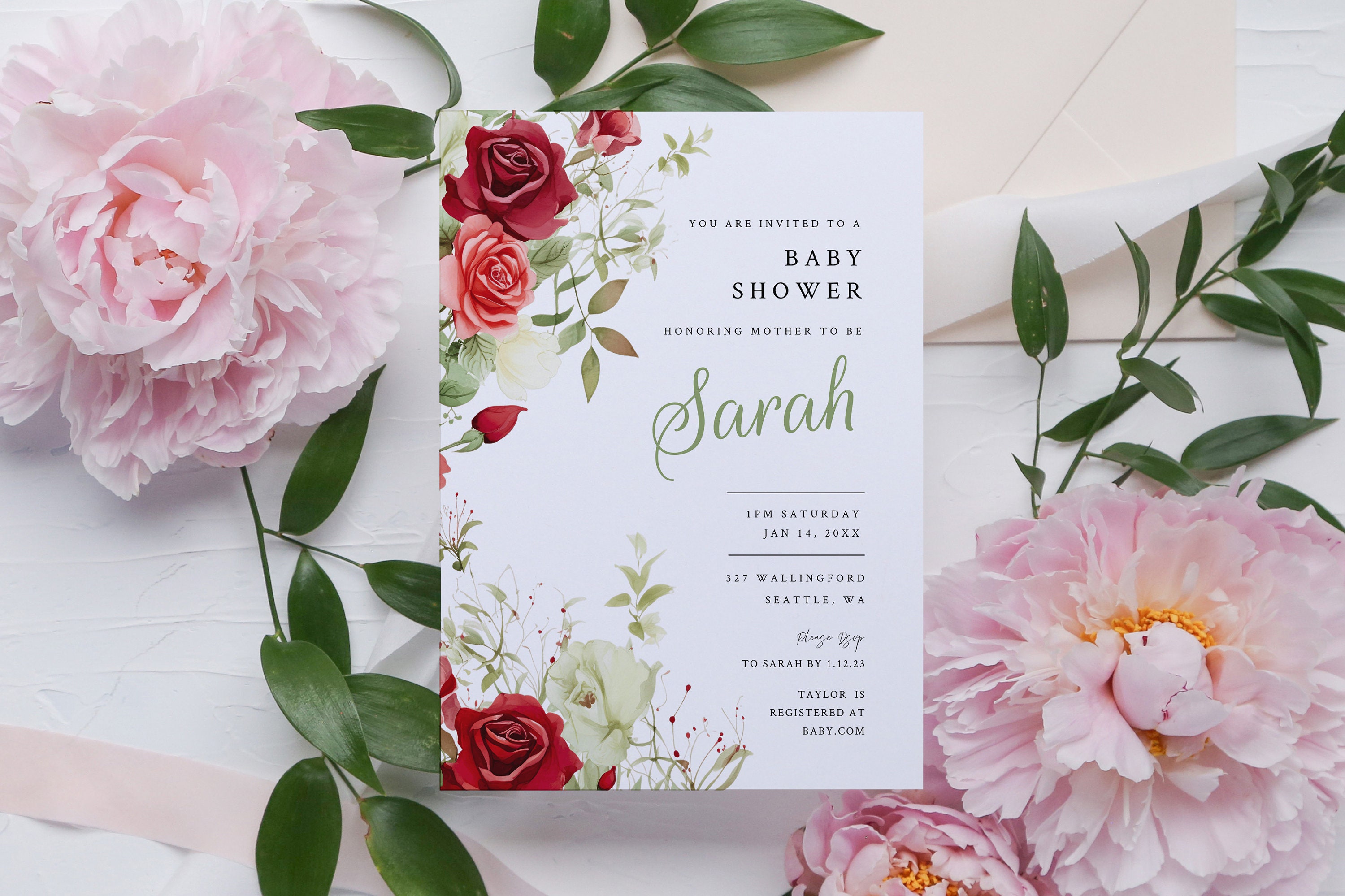 Red Rose Editable Invitation Template, Red and Pink Shower Theme ...
