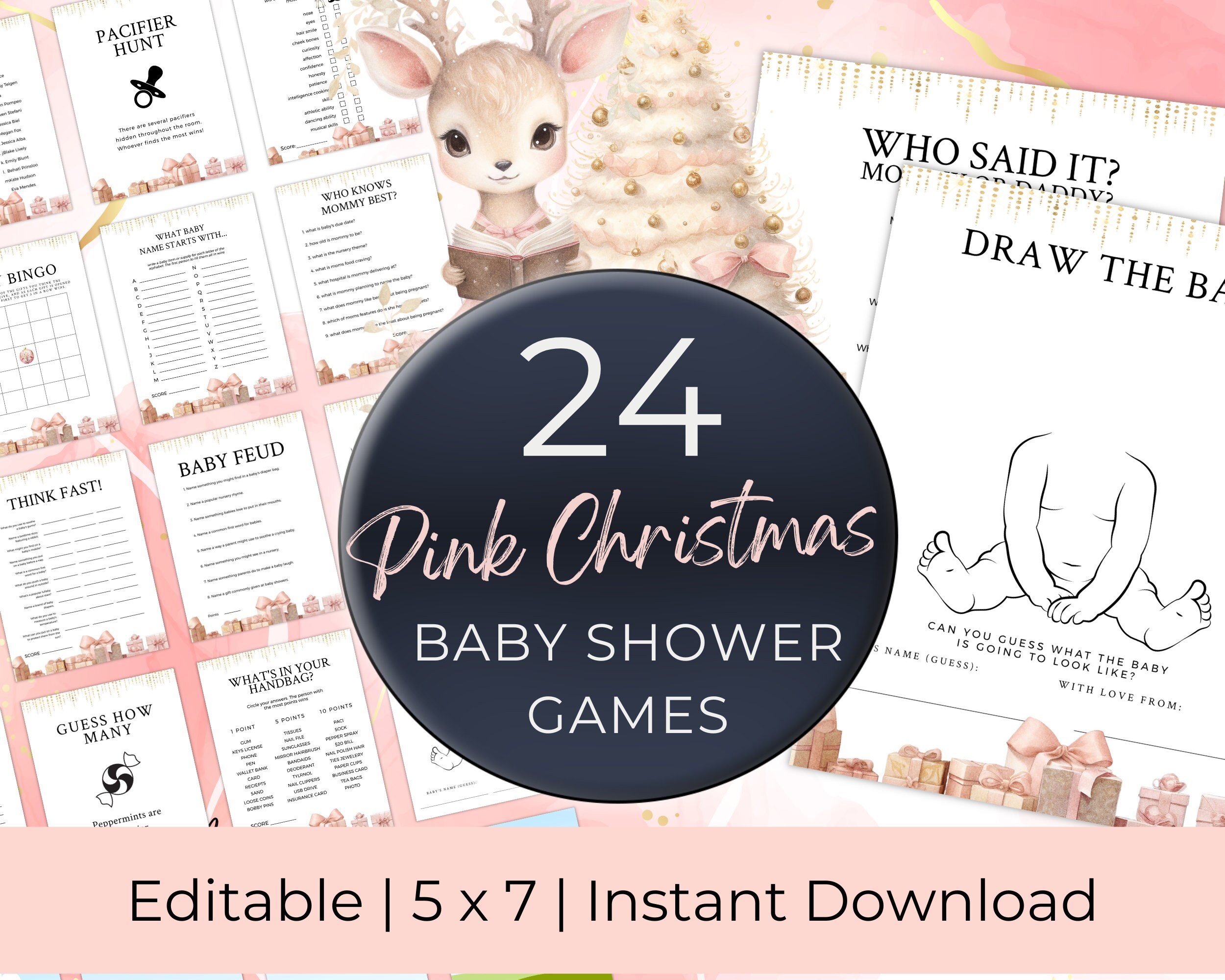 Editable Pink Christmas Baby Shower Game Bundle, 23 Baby Shower Games ...