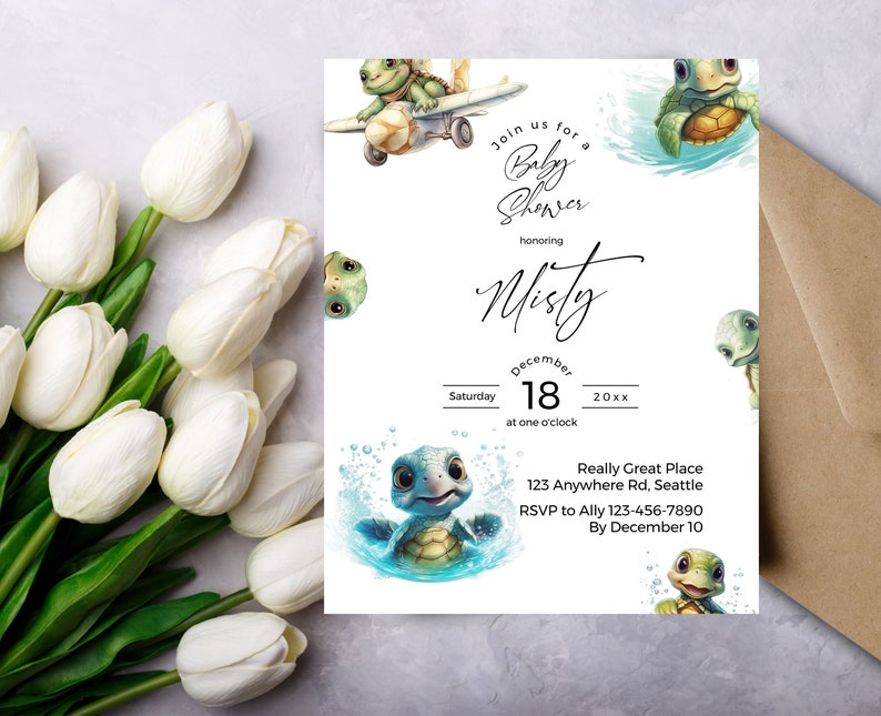 Turtle Themed Baby Shower Invitation, Editable Nautical Invite, Funny ...