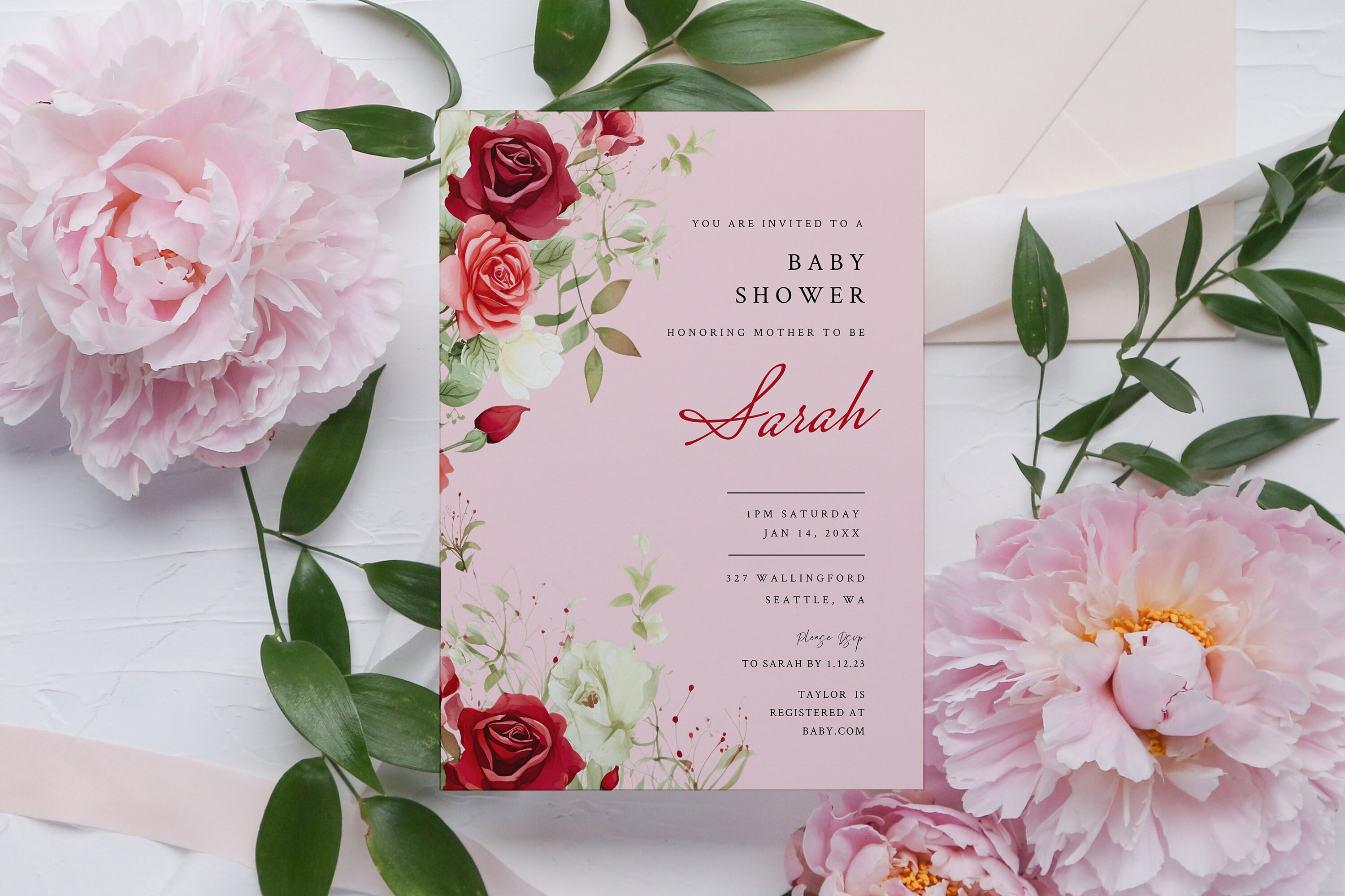 Red Rose Editable Invitation Template, Red and Pink Shower Theme ...