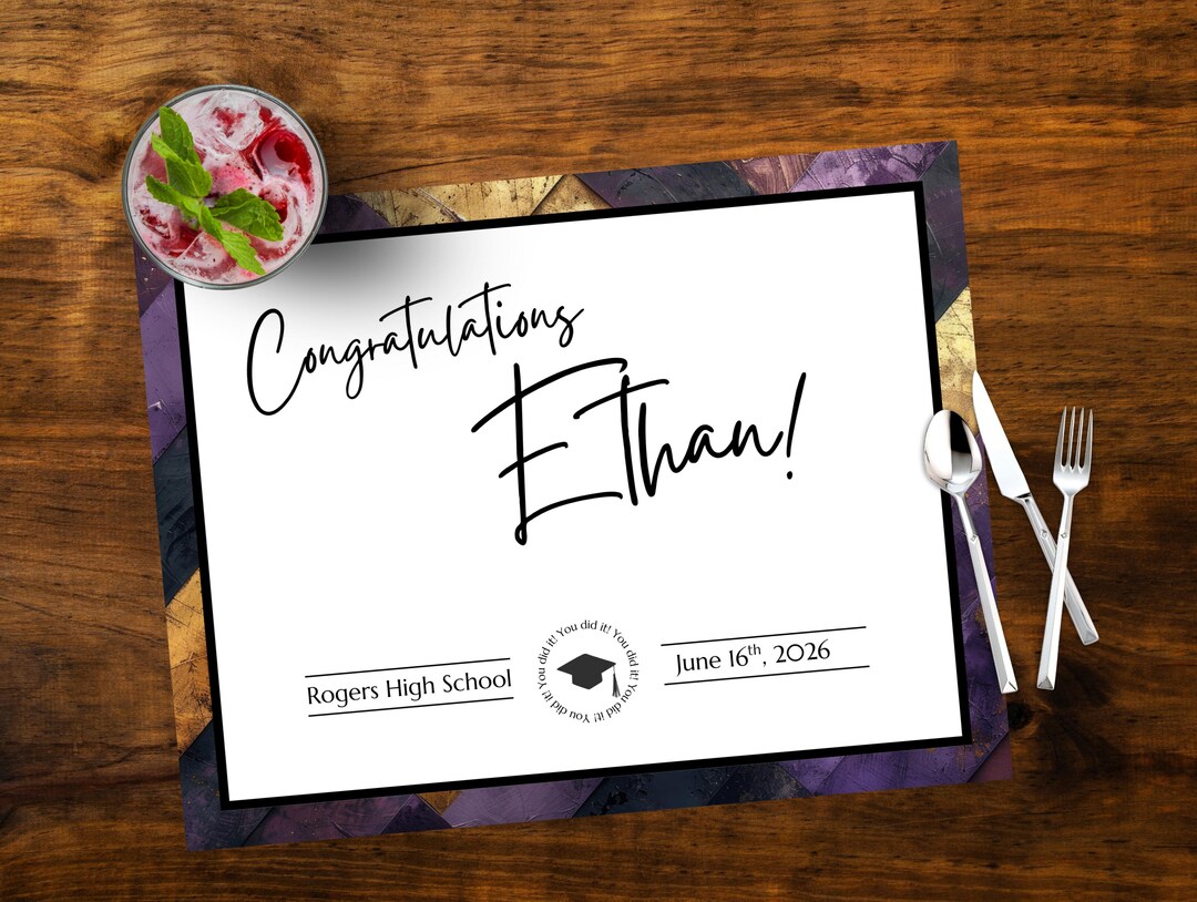 Purple Digital Graduation Placemat Template, Editable Party Table Decor ...