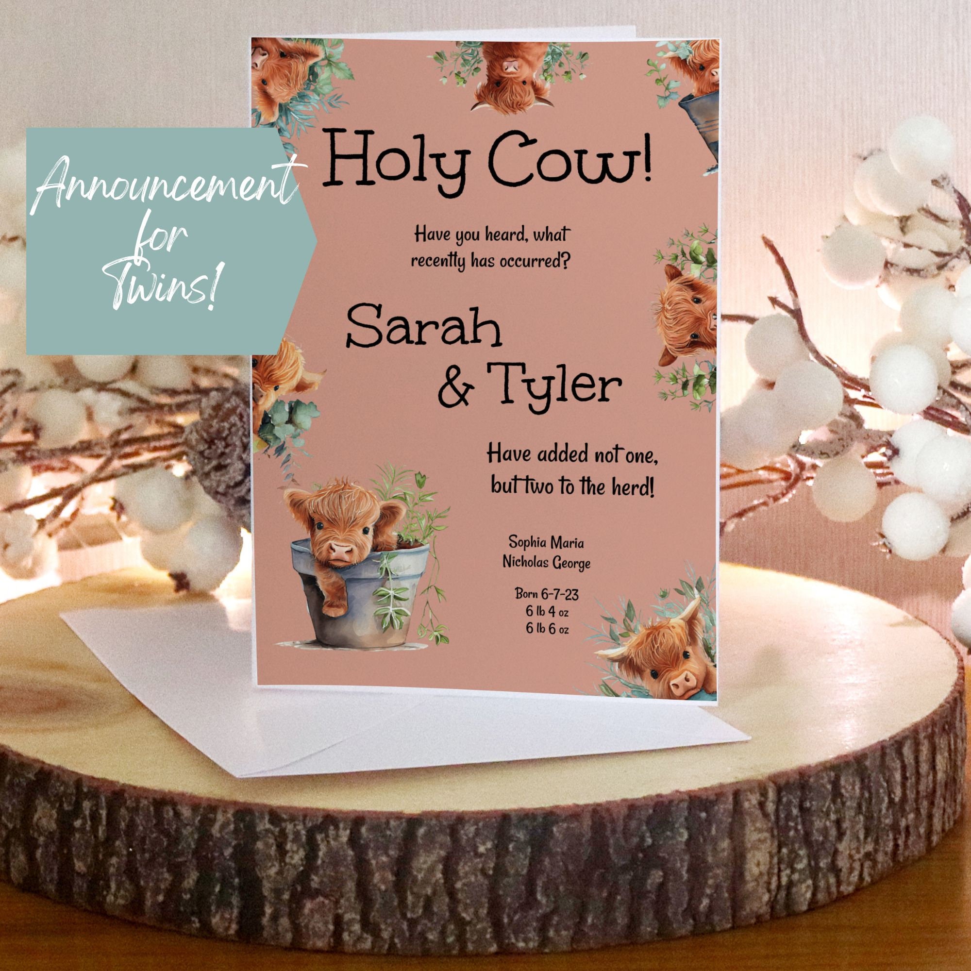 Birth Announcement Twins, Highland Cow Baby Arrival, Editable ...