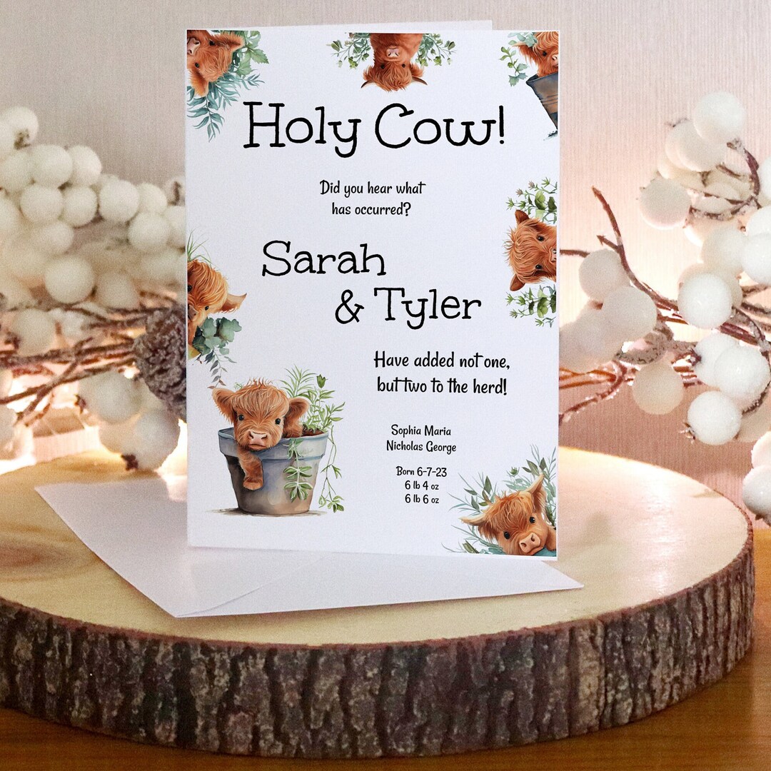 Twins Birth Announcement, Highland Cow Baby Arrival, Editable ...