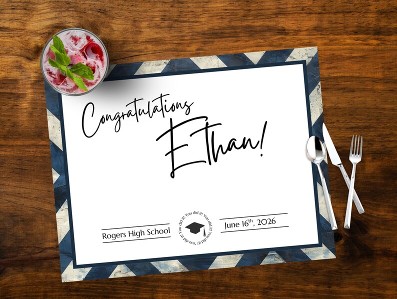 Digital Graduation Placemat Template, Editable Blue Table Decor, Class ...