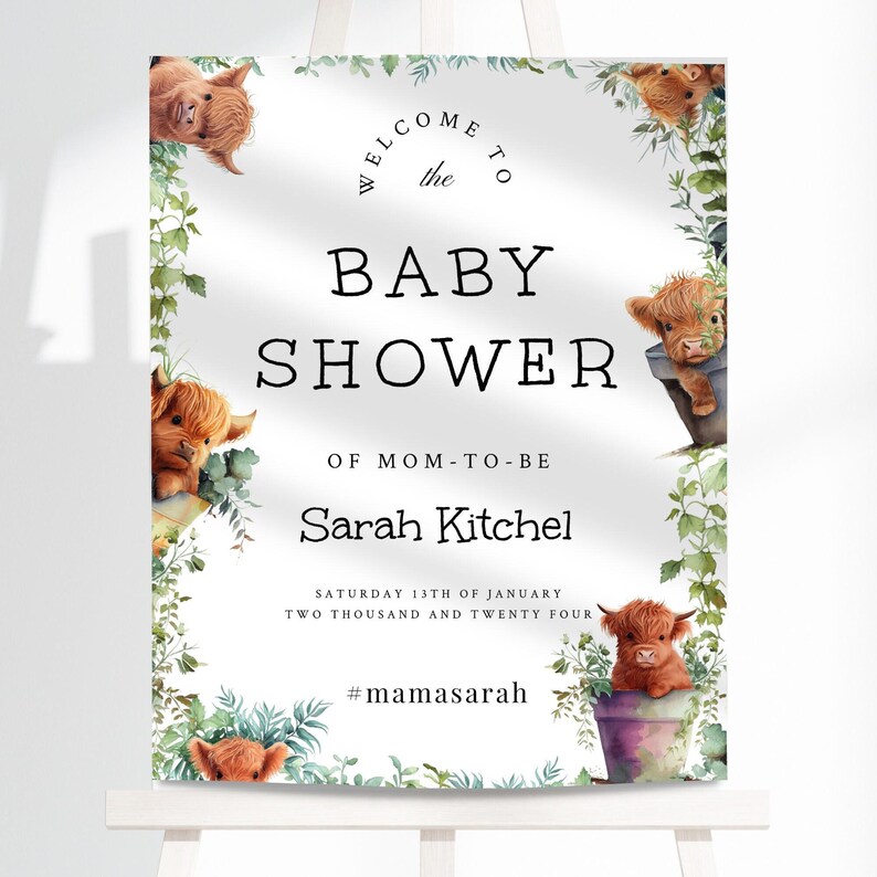 Highland Cow Baby Shower Welcome Sign, Highlander Cow Editable Template ...