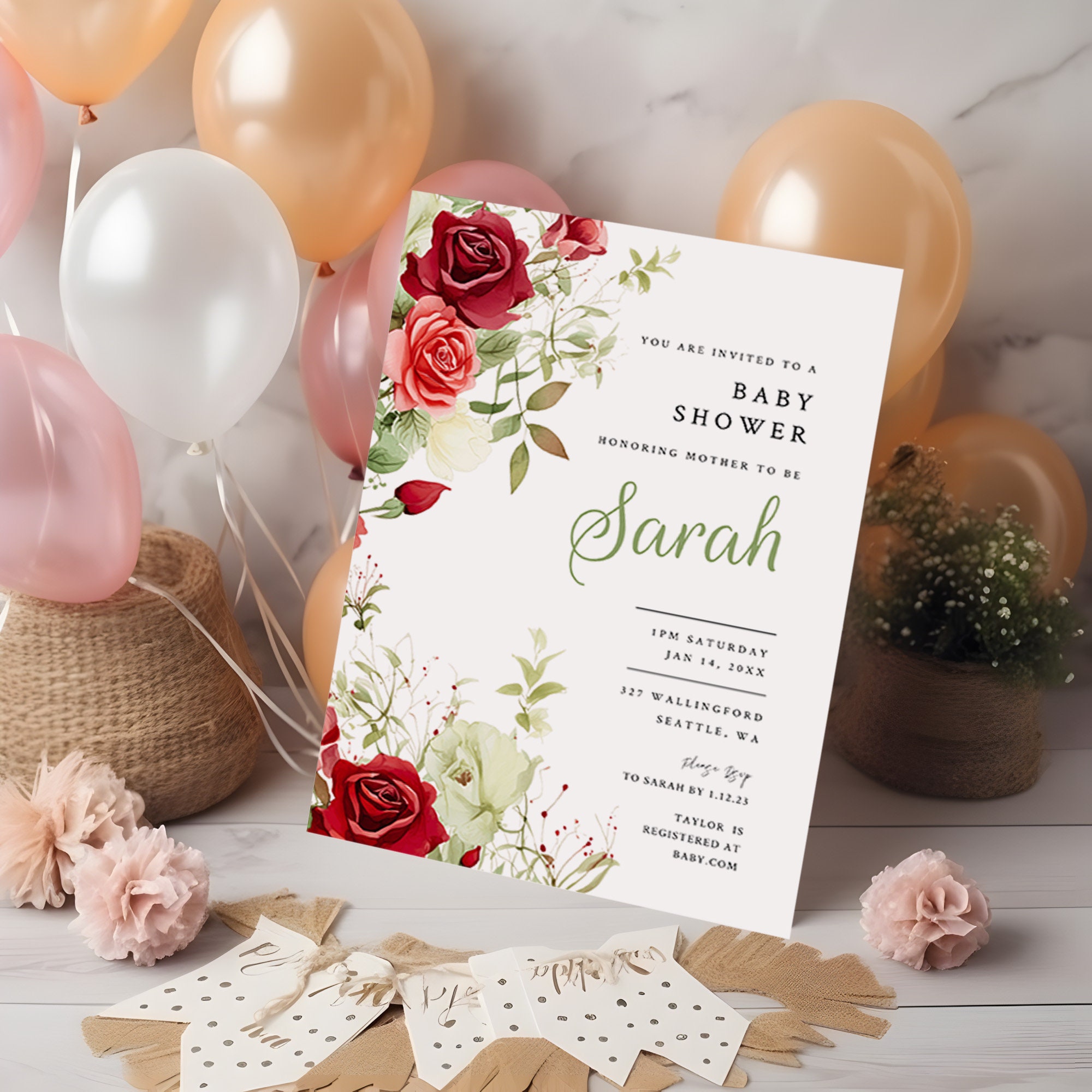 Red Rose Editable Invitation Template, Red and Pink Shower Theme ...