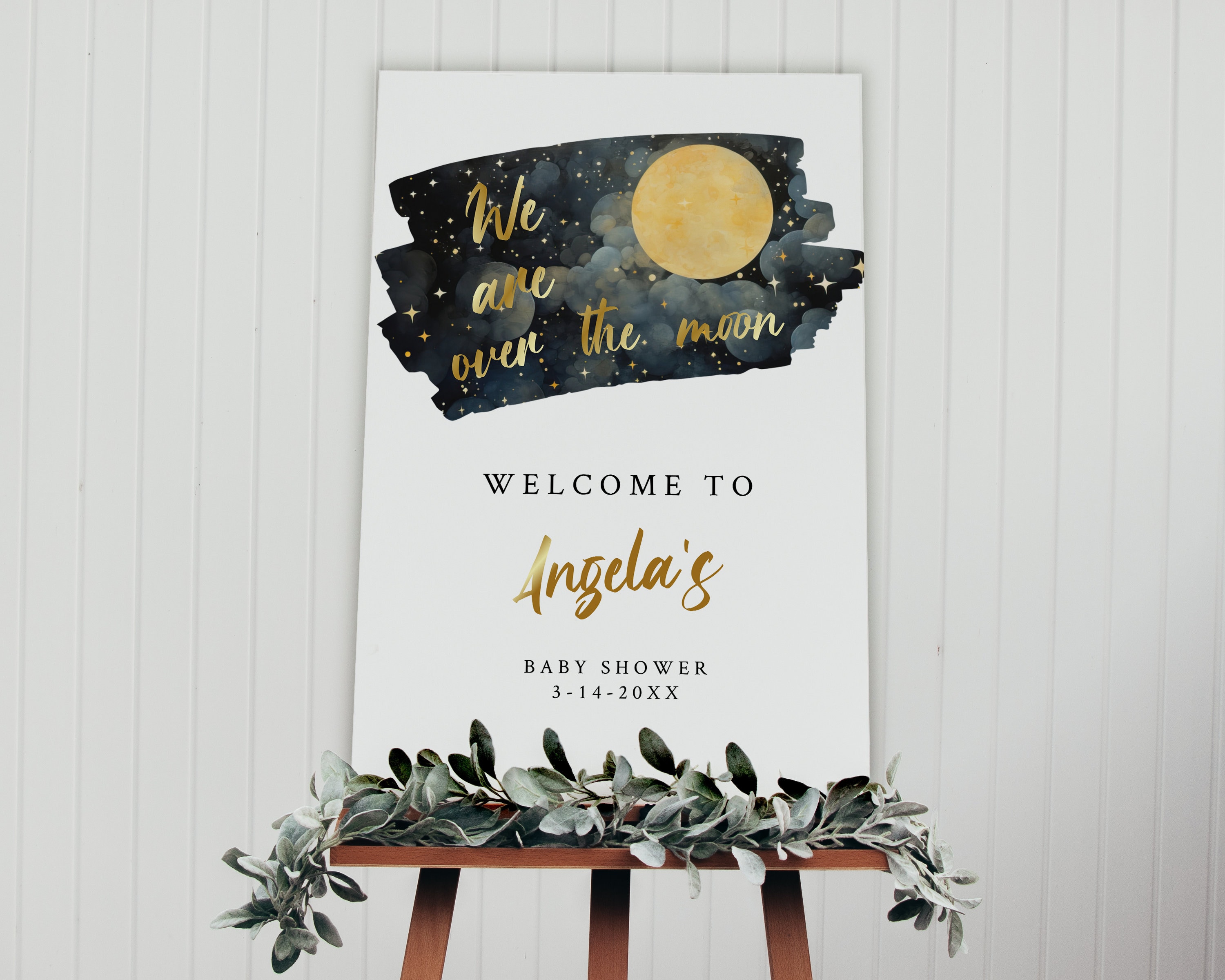 Over the Moon Baby Shower Welcome Sign, Moon and Stars Editable ...