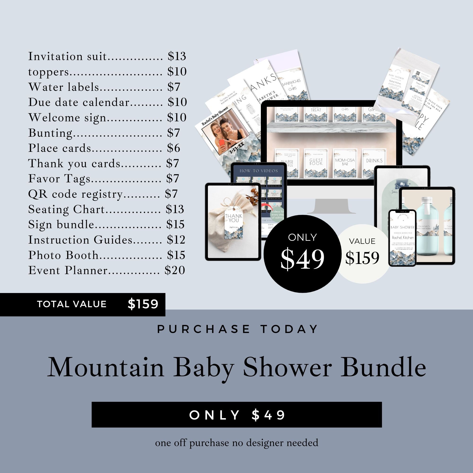 Mountains Baby Shower Printable Bundle Editable Rustic Mountain Baby ...