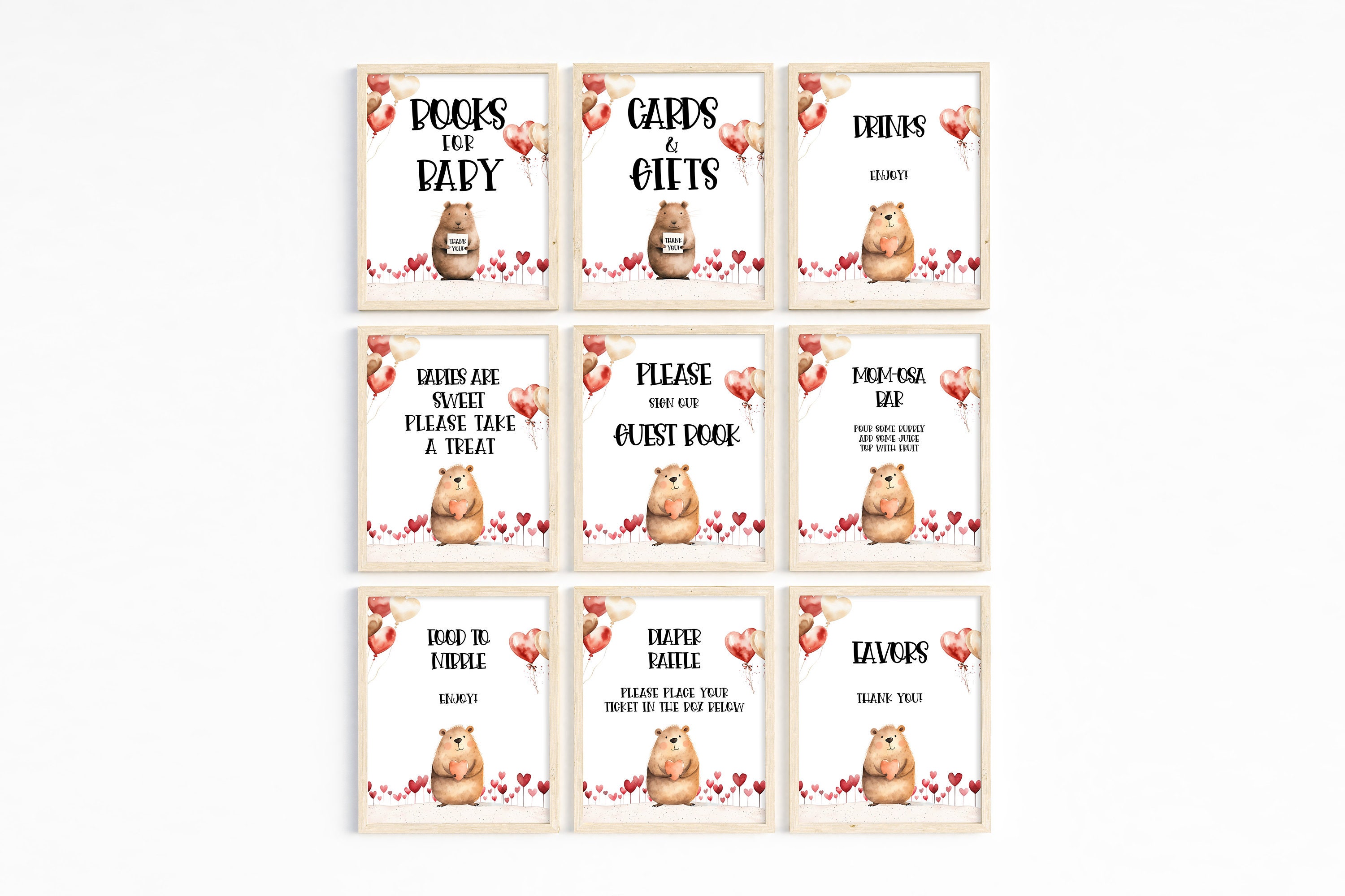 Capybara Baby Shower Sign Bundle, Editable Hearts Theme Sign Set ...
