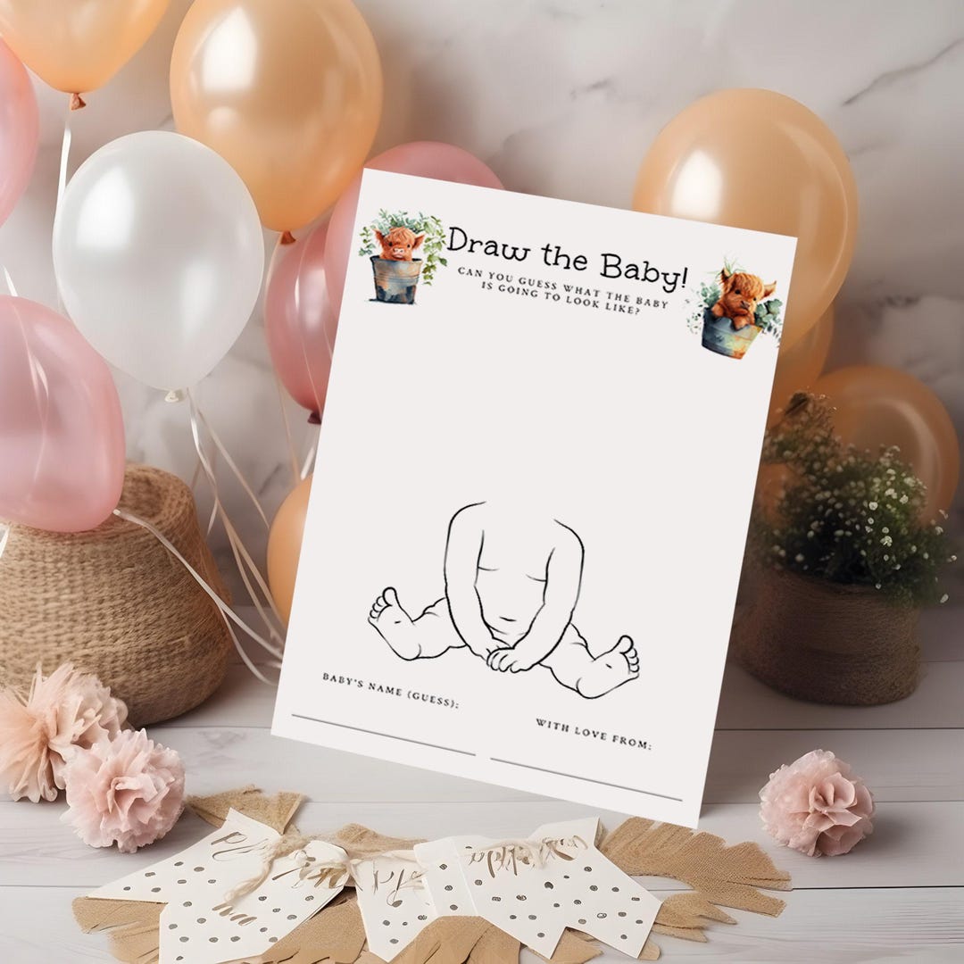 Baby Shower Draw the Baby Game | Baby Shower Party Games | Highland Cow ...