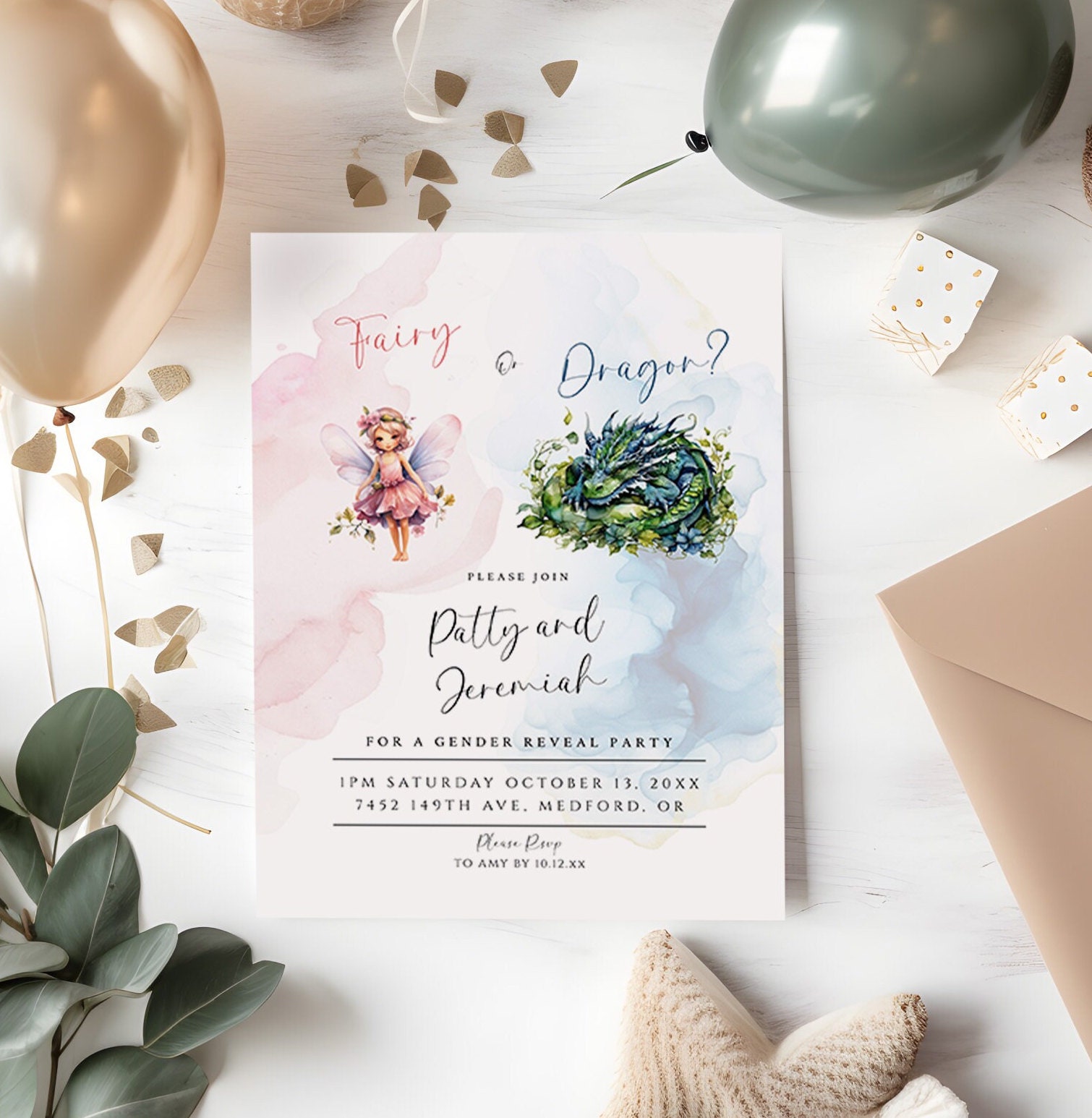 Fairy Ir Dragon Gender Reveal Invite, Pregnancy Reveal Invitation ...