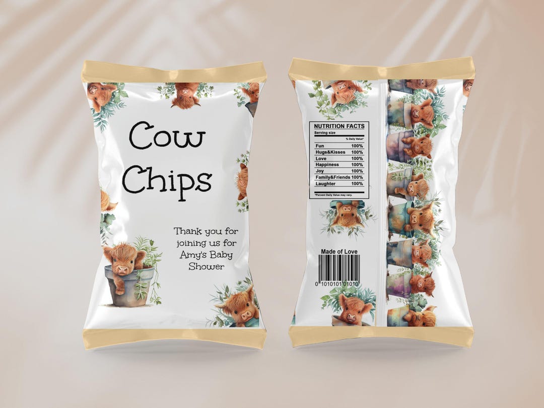 Highland Cow Chip Bag Wrapper Yellow, Editable Gender Neutral Cow ...