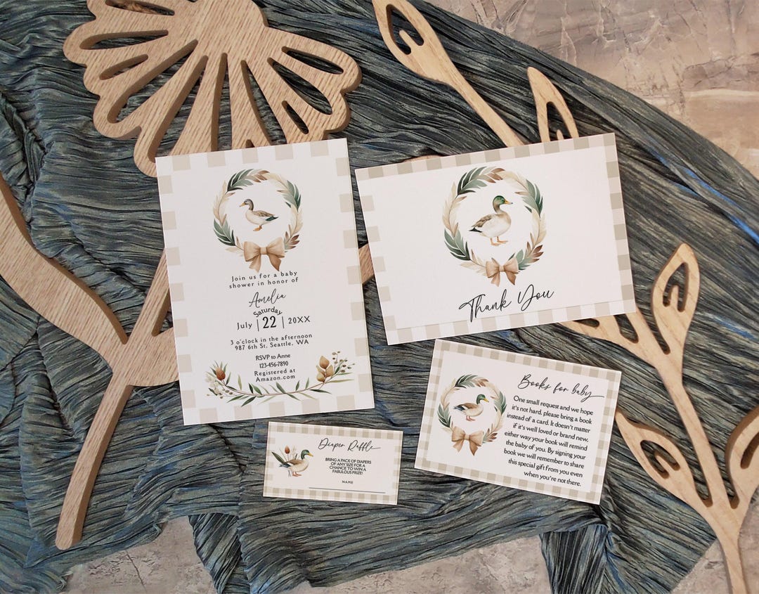 Duck Baby Shower Invitation Neutral Gingham Bundle, Hunting Books ...