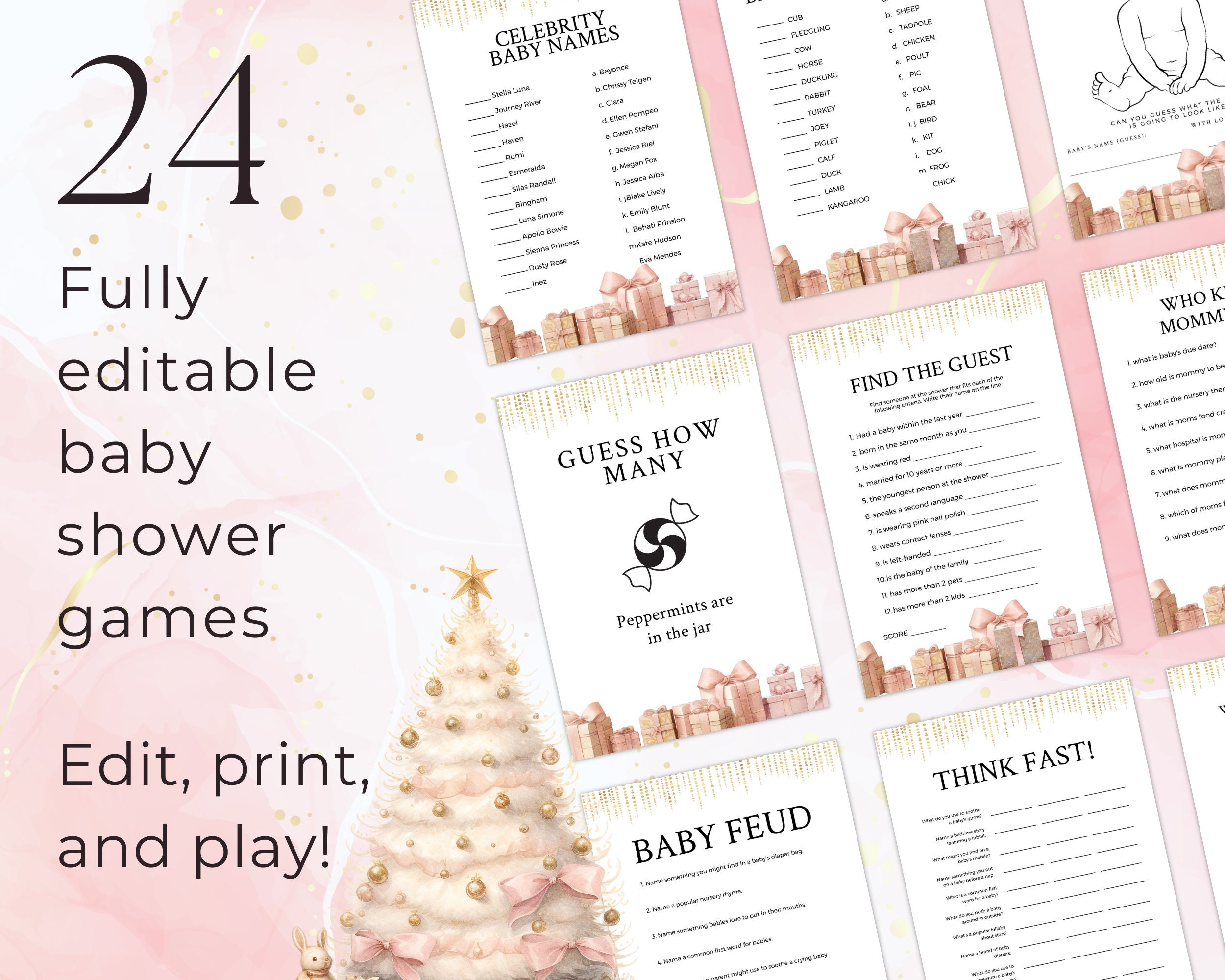 Editable Pink Christmas Baby Shower Game Bundle, 23 Baby Shower Games ...