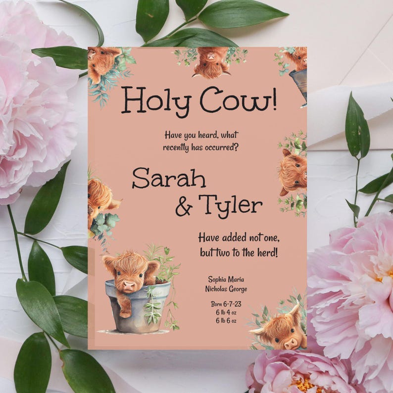 Birth Announcement Twins, Highland Cow Baby Arrival, Editable ...