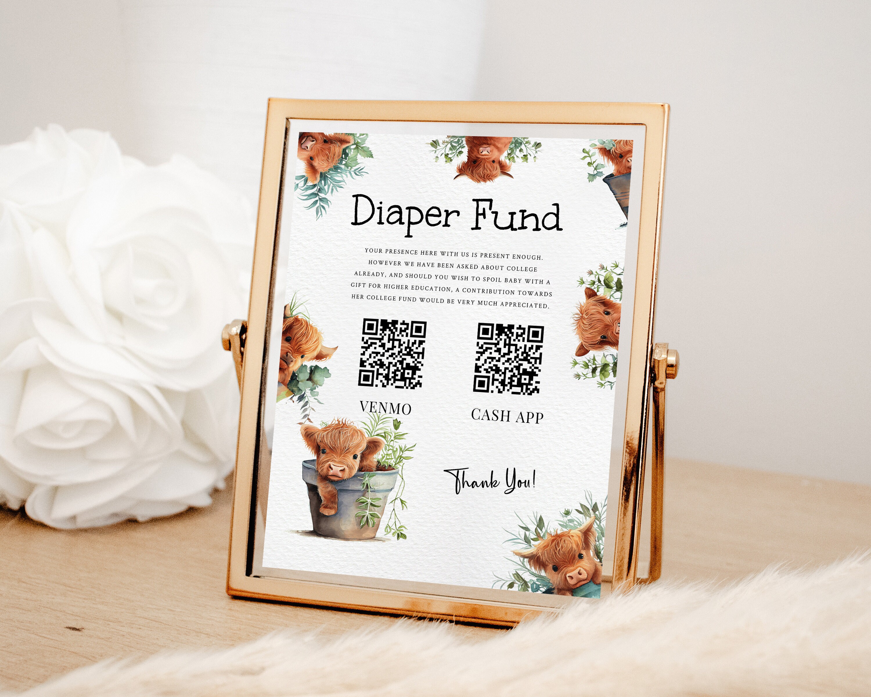 Highland Cow QR Code Diaper Fund Sign, Cute Farm Baby Shower Editable ...