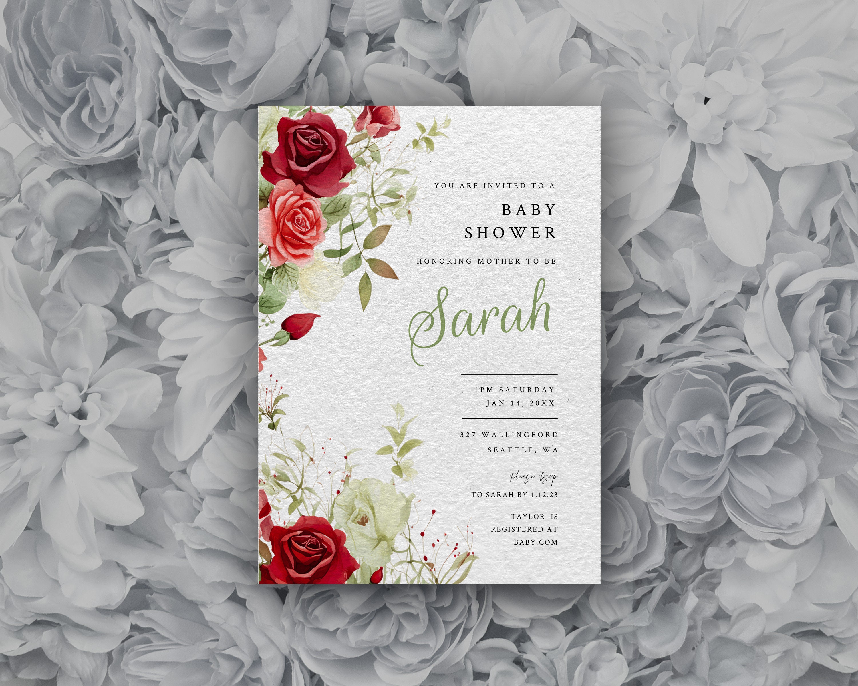 Red Rose Editable Invitation Template, Red and Pink Shower Theme ...