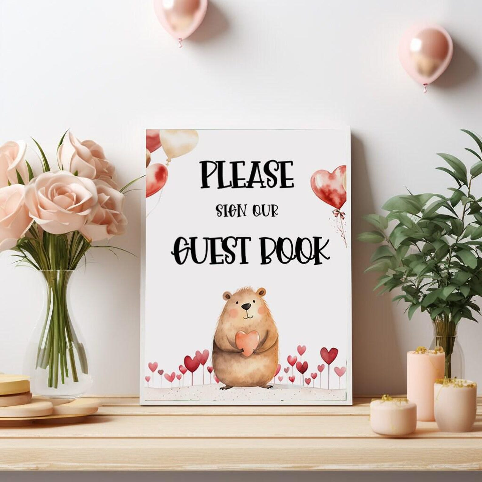 Capybara Baby Shower Sign Bundle, Editable Hearts Theme Sign Set ...
