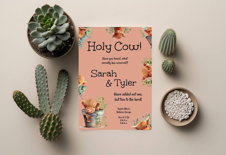 Birth Announcement Twins, Highland Cow Baby Arrival, Editable ...