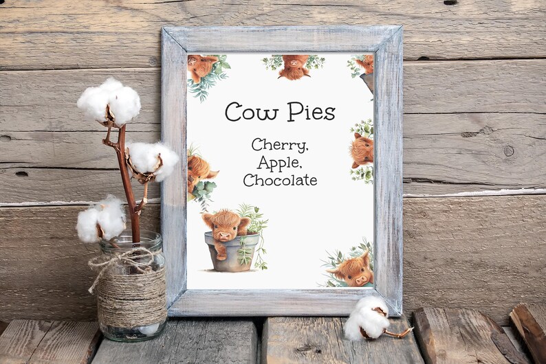 Highland Cow Funny Pies Food Sign, Cute Cow Boy Baby Shower Editable ...