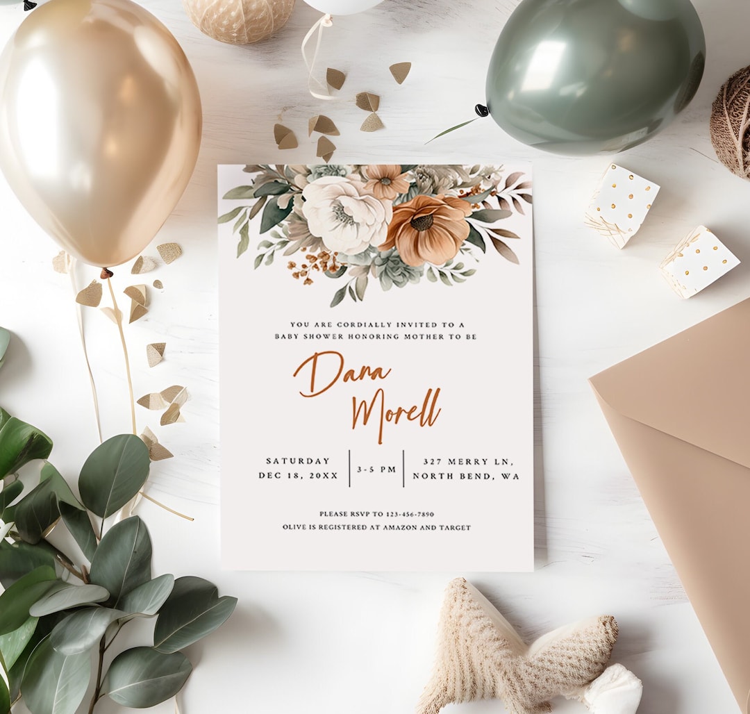 Terra Cotta Florals Shower Invitation Template, Burnt Orange, Sage ...