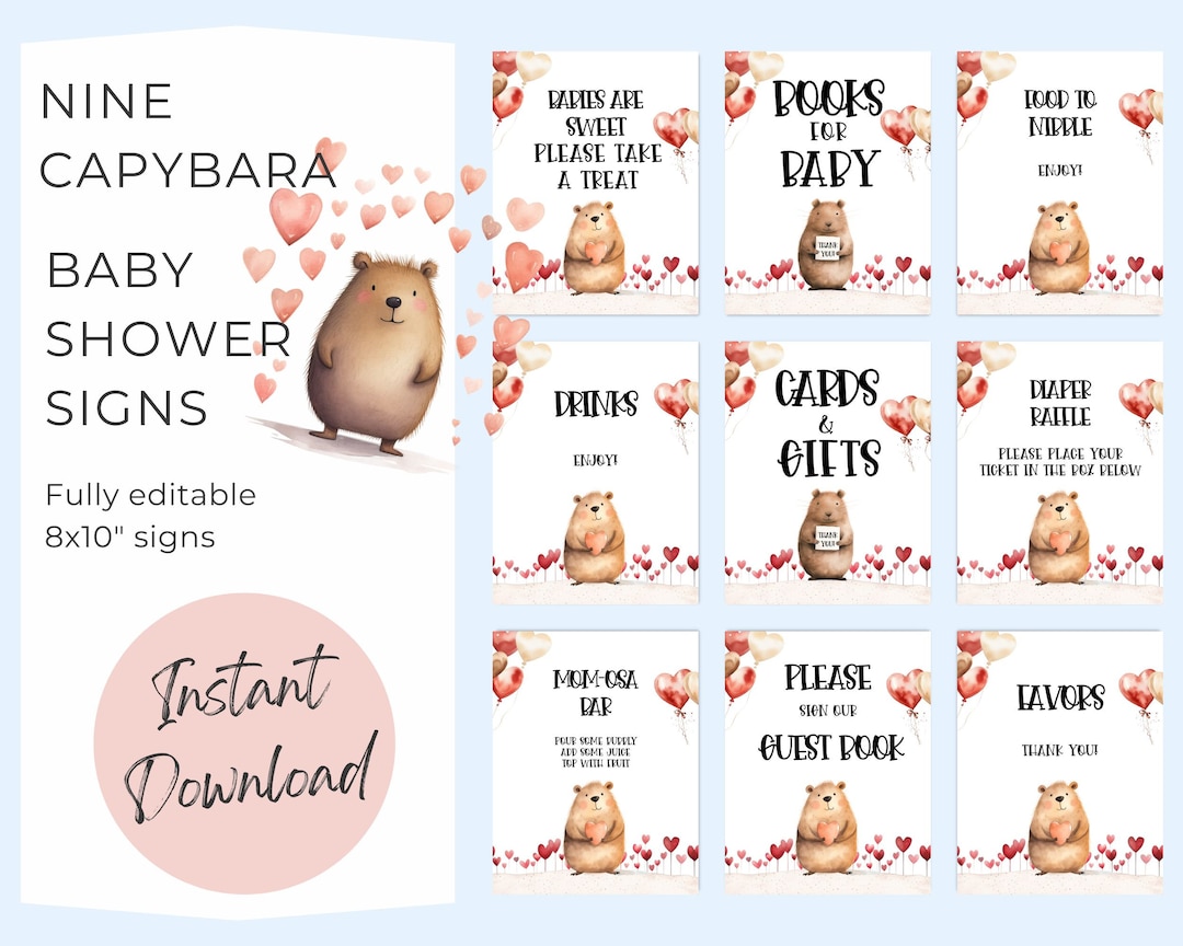 Capybara Baby Shower Sign Bundle, Editable Hearts Theme Sign Set ...