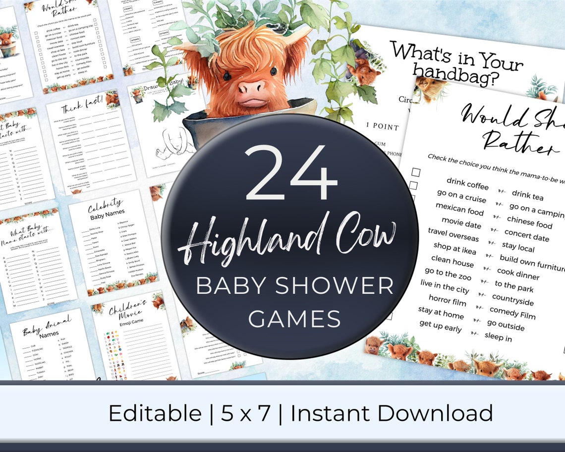Editable Highland Cow Baby Shower Game Bundle, 23 Baby Shower Games ...