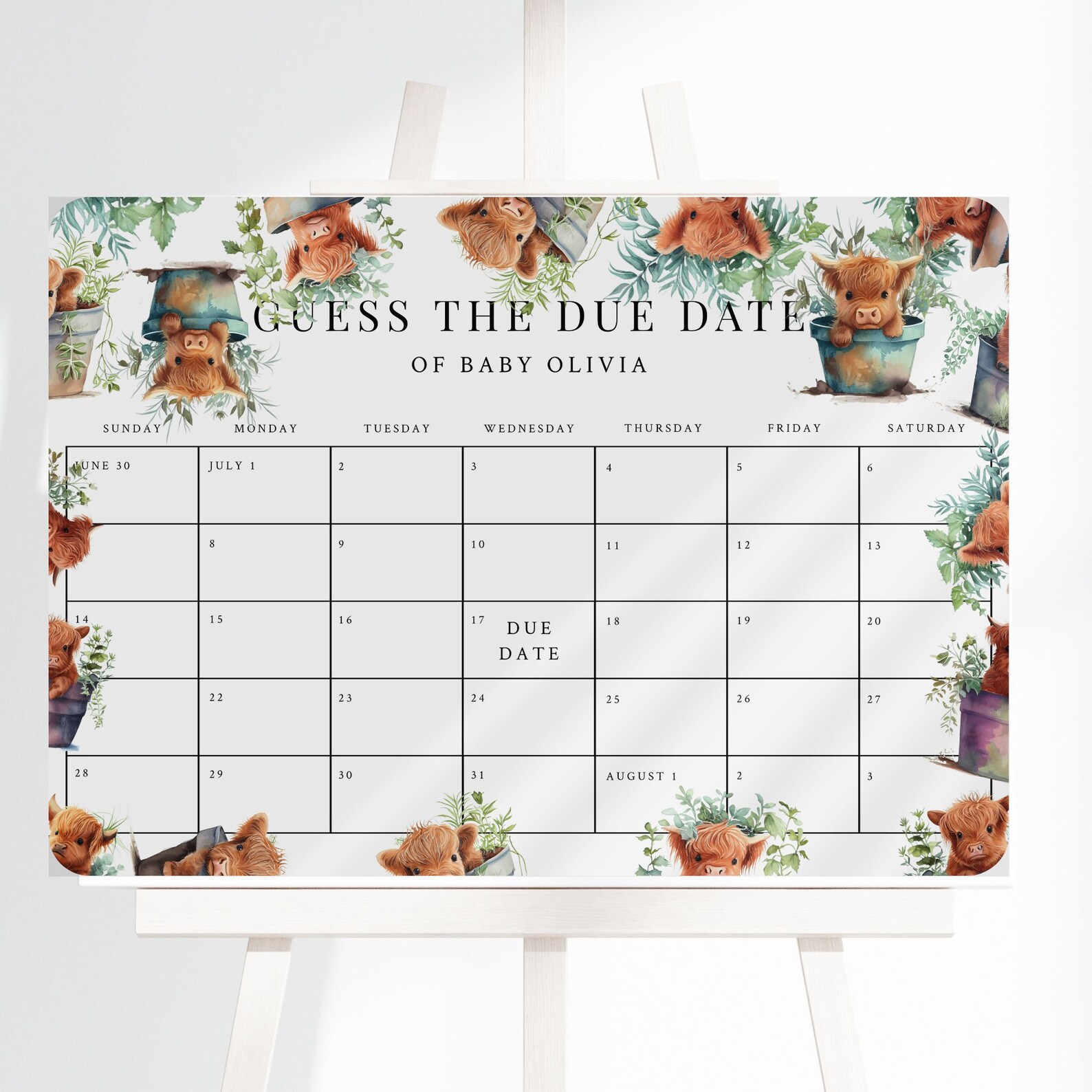 Highland Cow Due Date Game | Highlander Cow Baby Due Date Calendar Sign ...