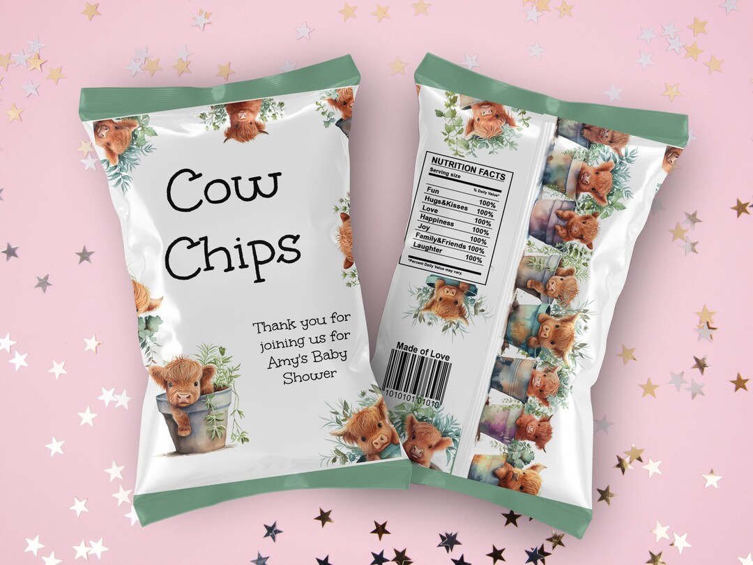 Highland Cow Chip Bag Wrapper, Editable Highlander Cow Green Crisps ...