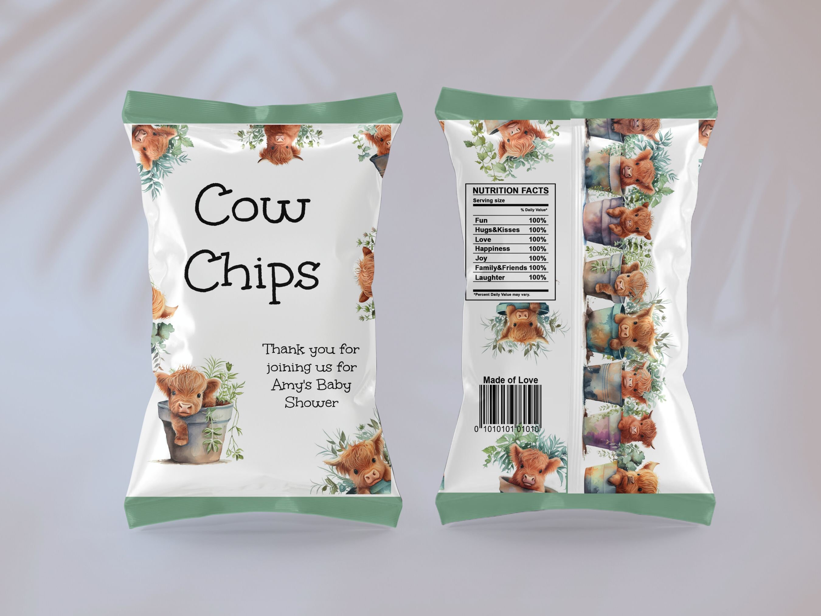 Highland Cow Chip Bag Wrapper, Editable Highlander Cow Green Crisps ...