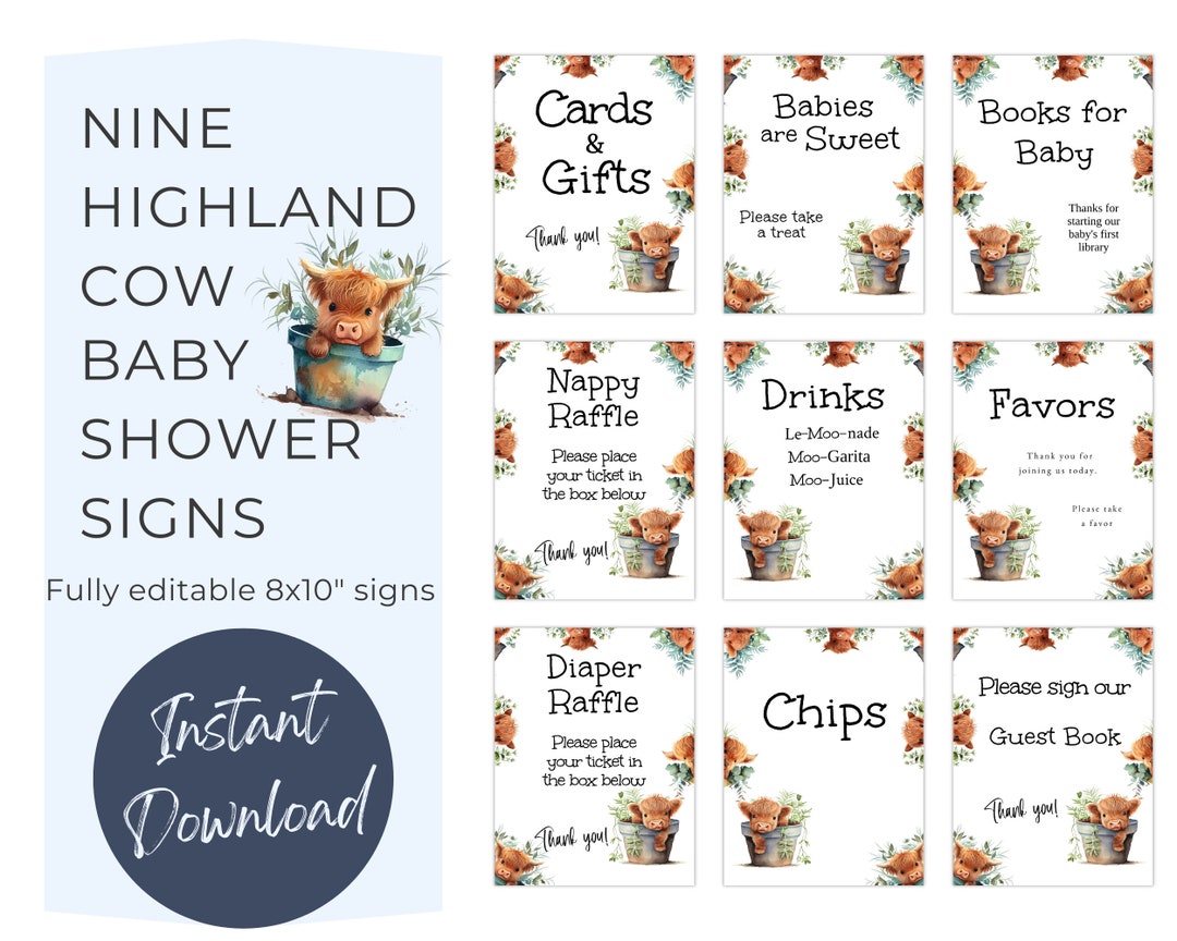 Highland Cow Baby Shower Signs, Holy Cow Shower Bundle, Nine Editable ...
