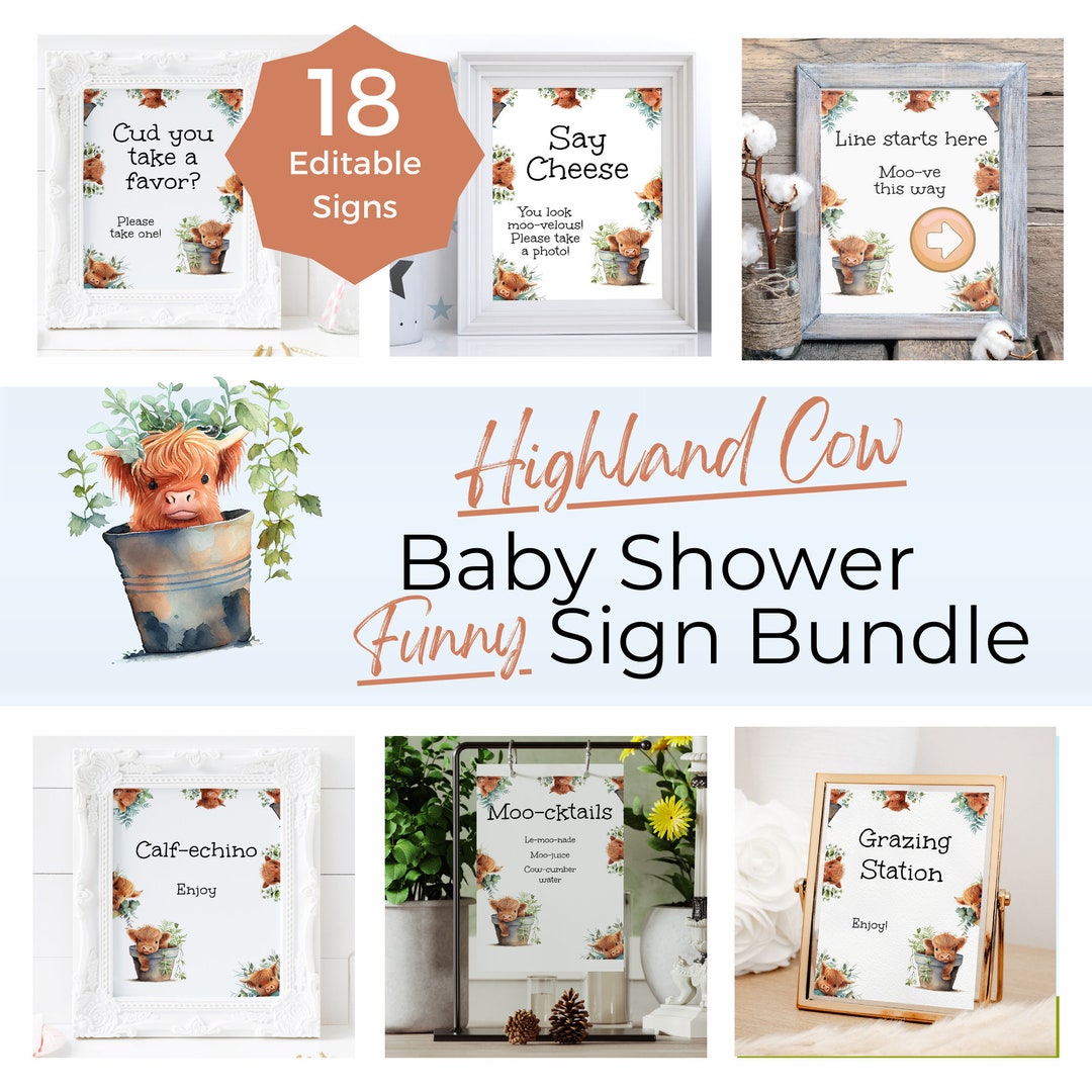 Highland Cow Baby Shower Sign Bundle Set 2, Editable Highlander Cow ...