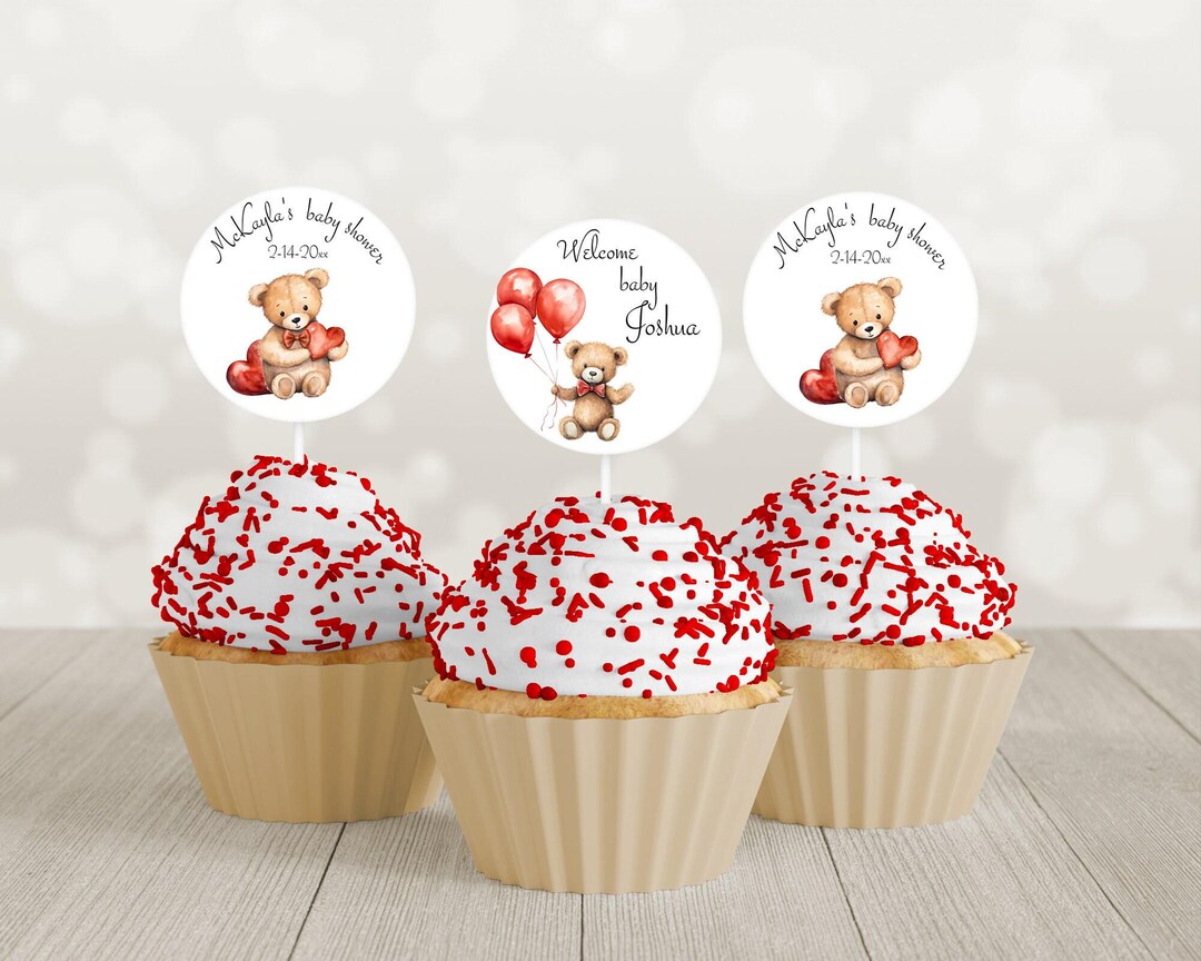 We Can Bearly Wait Cupcake Topper, Heart Balloons Baby Shower ...