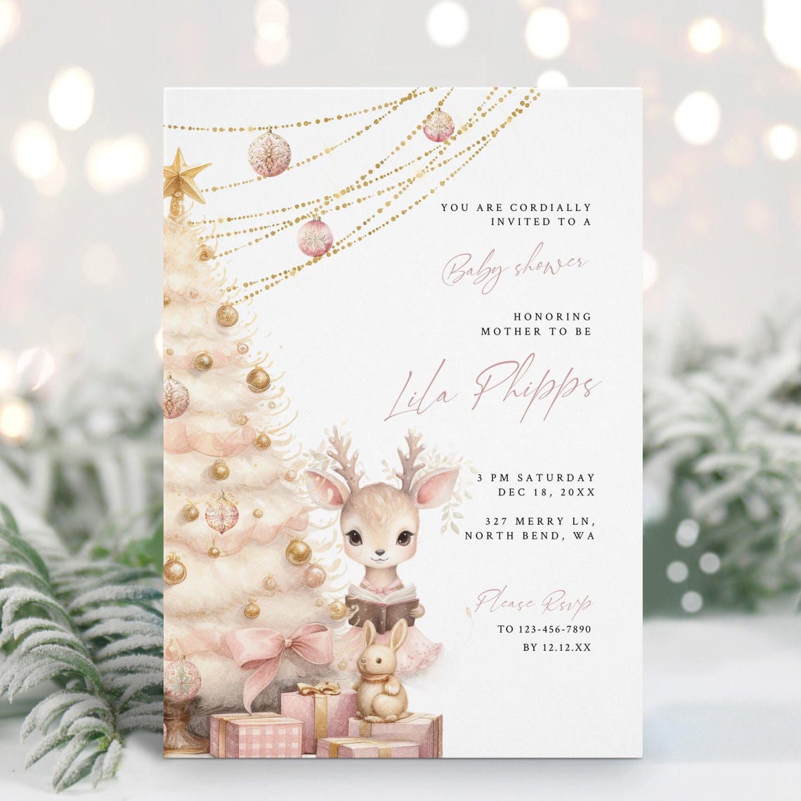 Pink Winter Baby Shower Invite, Pink Christmas Woodland Baby Shower ...