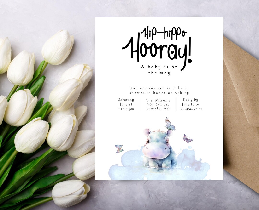Hippo Baby Shower Invite, Watercolor Pygmy Hippo Invitation, Editable ...