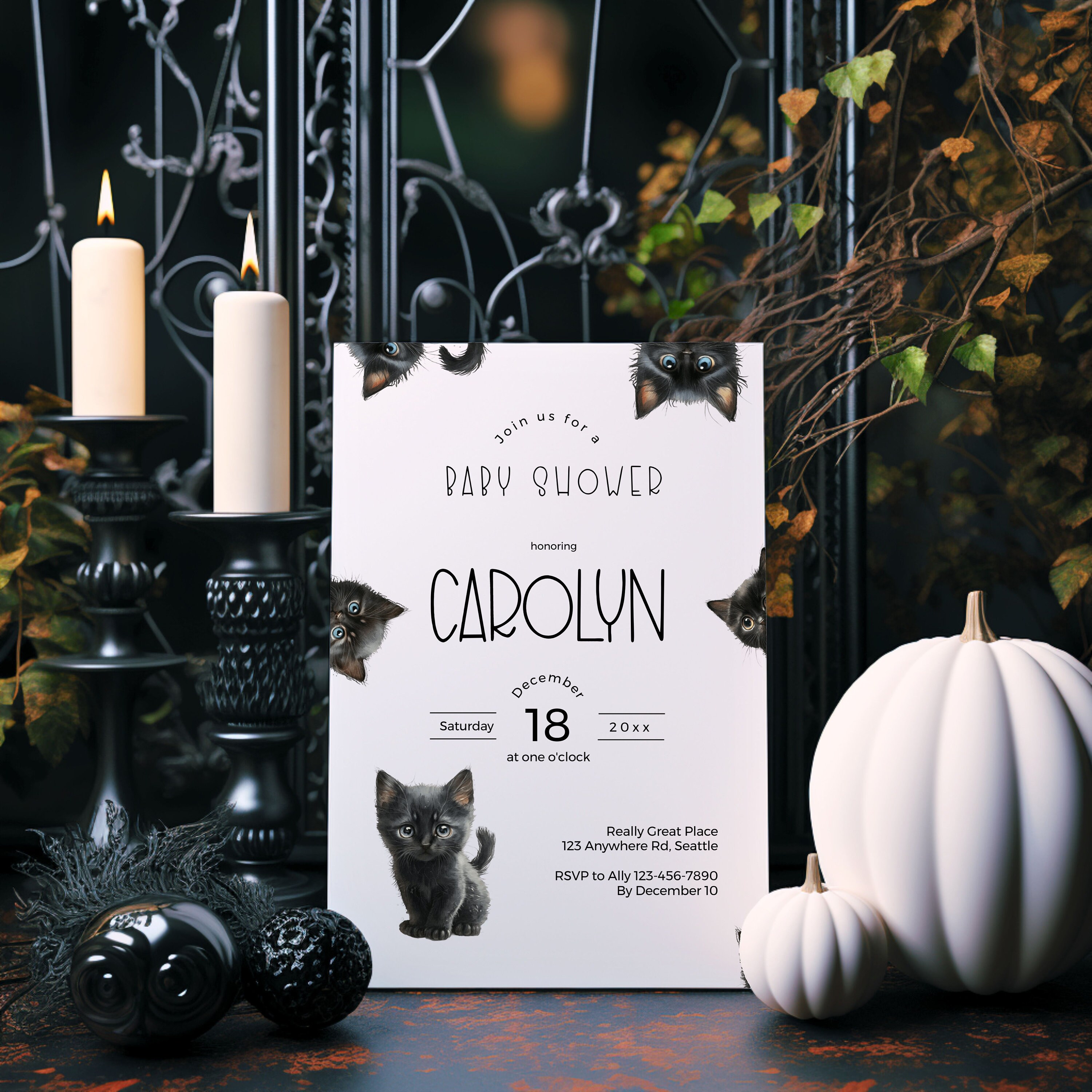 Cute Black Cat Baby Shower Invitation, Editable Halloween Invite, Funny ...