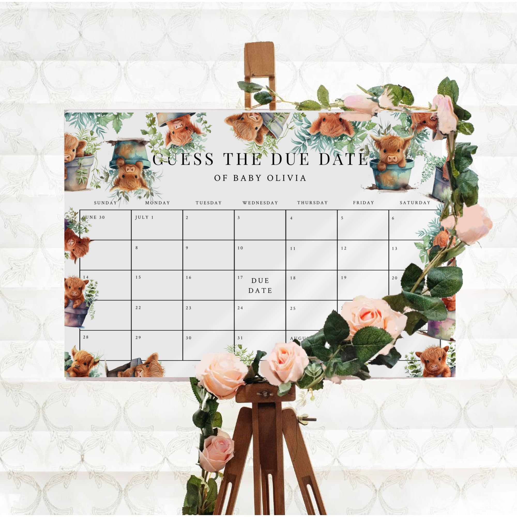 Highland Cow Due Date Game | Highlander Cow Baby Due Date Calendar Sign ...