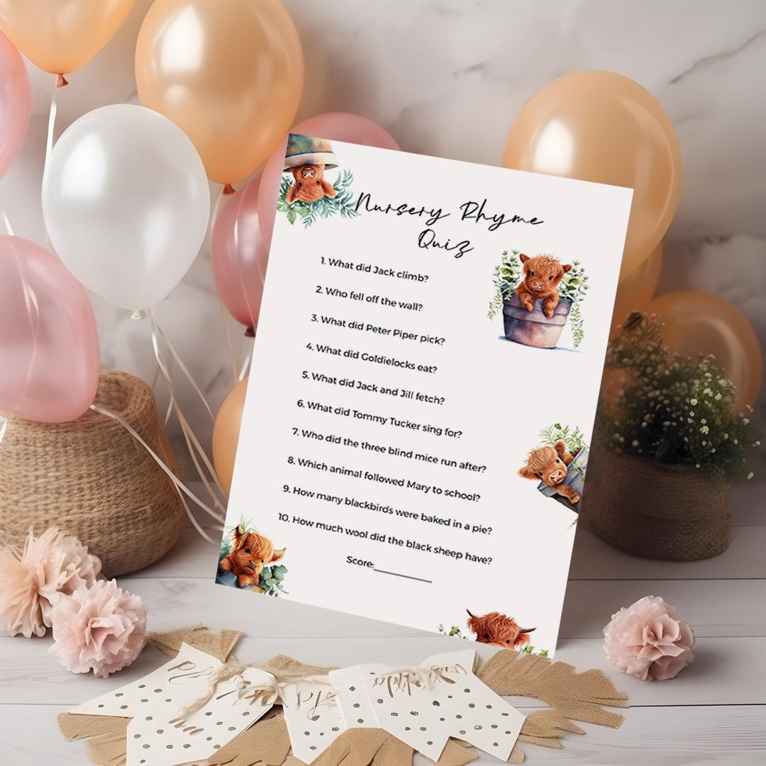 Baby Shower Nursery Rhyme Quiz Game, Baby Shower Party Games, Highland ...